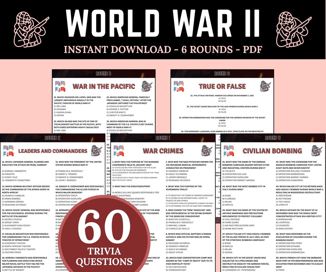 World War II Trivia | Printable Trivia Game | 60 Trivia Questions for a ...