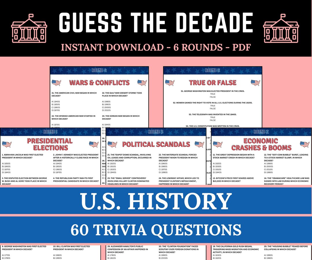 Guess the Decade: US History Trivia Game, Printable American History ...