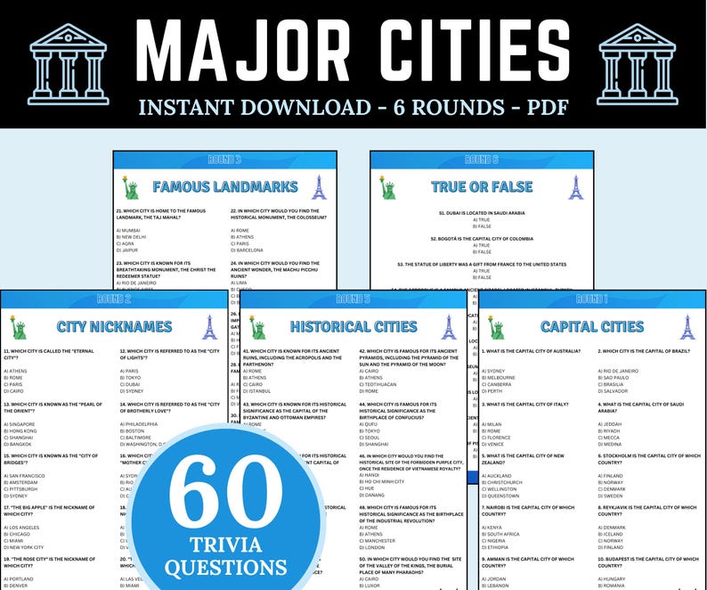 Major Cities Trivia | Printable Capital Cities Quiz | Trivia Questions ...