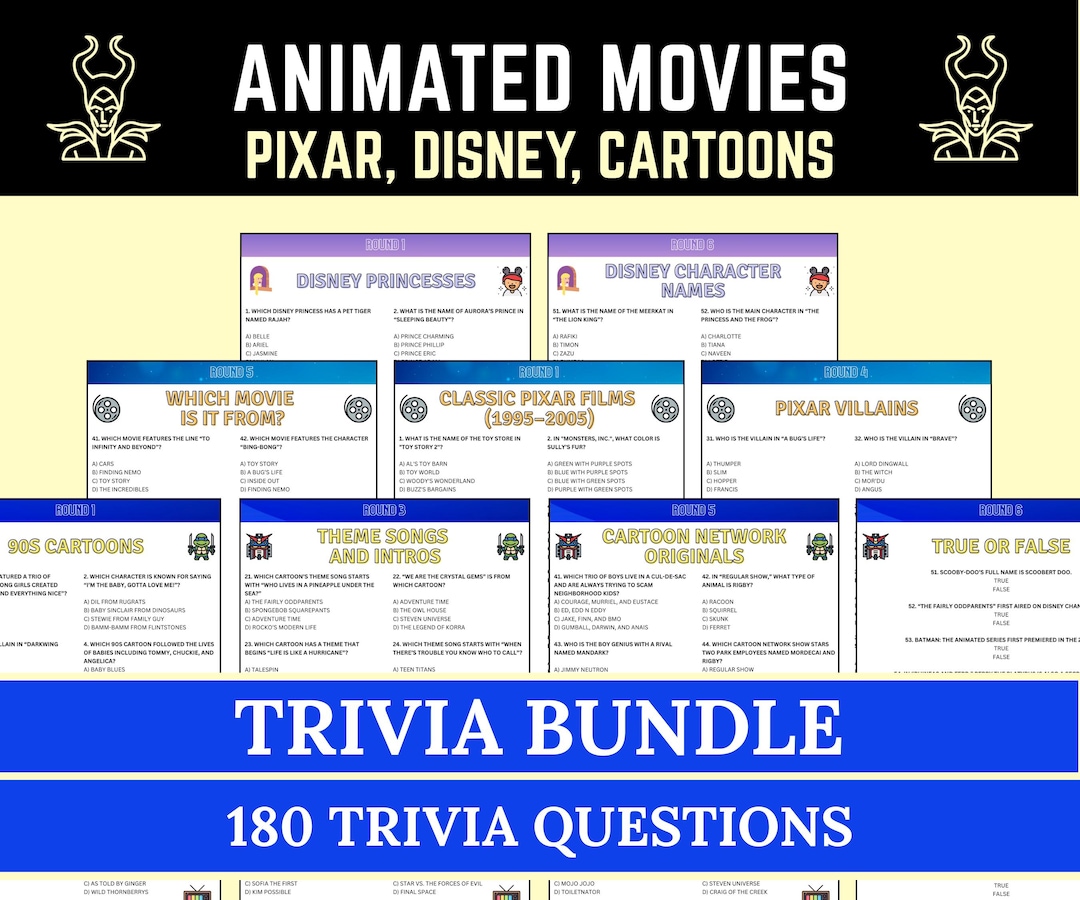 Animated Movies Trivia Bundle, Disney Movies Quiz Printable, Pixar ...