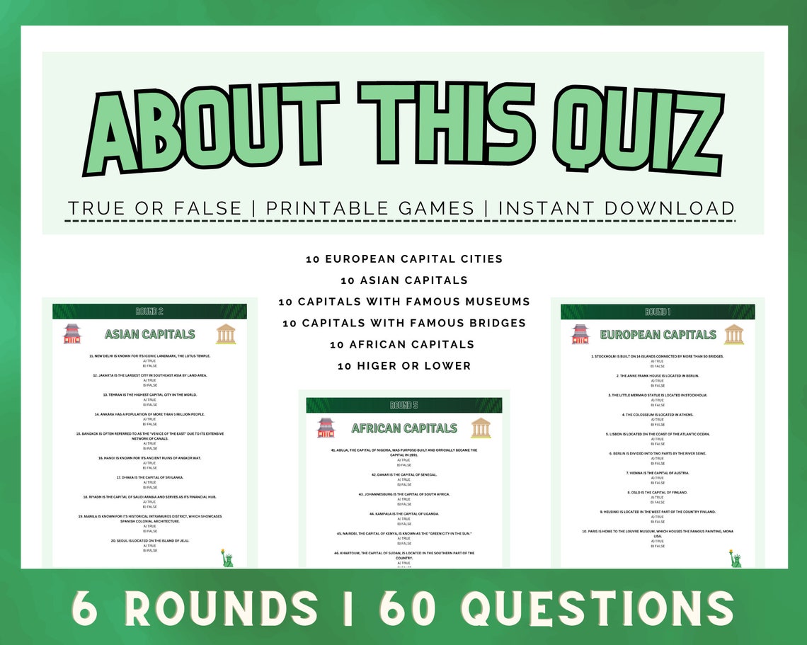 Capital Cities True or False Trivia | Fact or Fiction Game | 60 True or ...