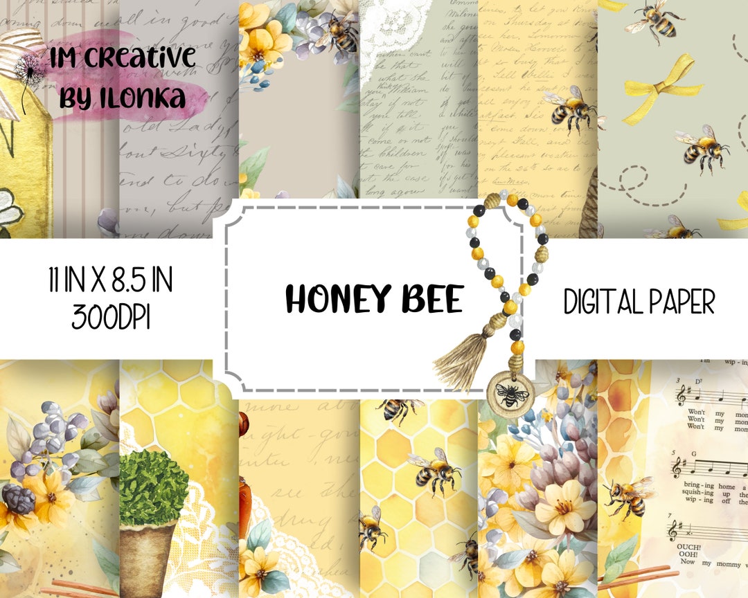 Honey Bee Digital Paper Pack, Printable Scrapbook and Journal Ephemera ...