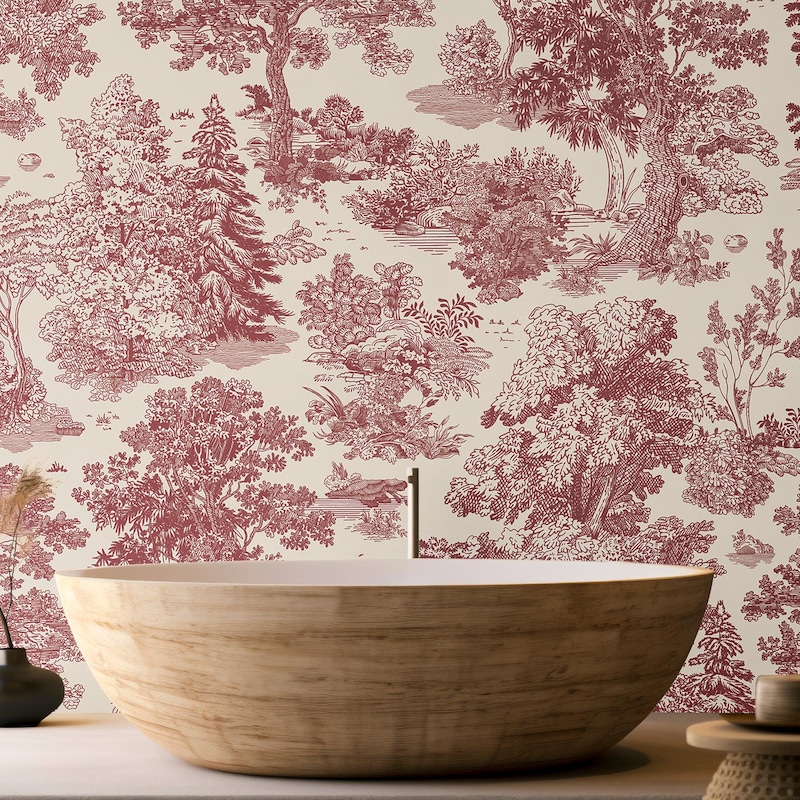 Red Toile Wallpaper - Etsy