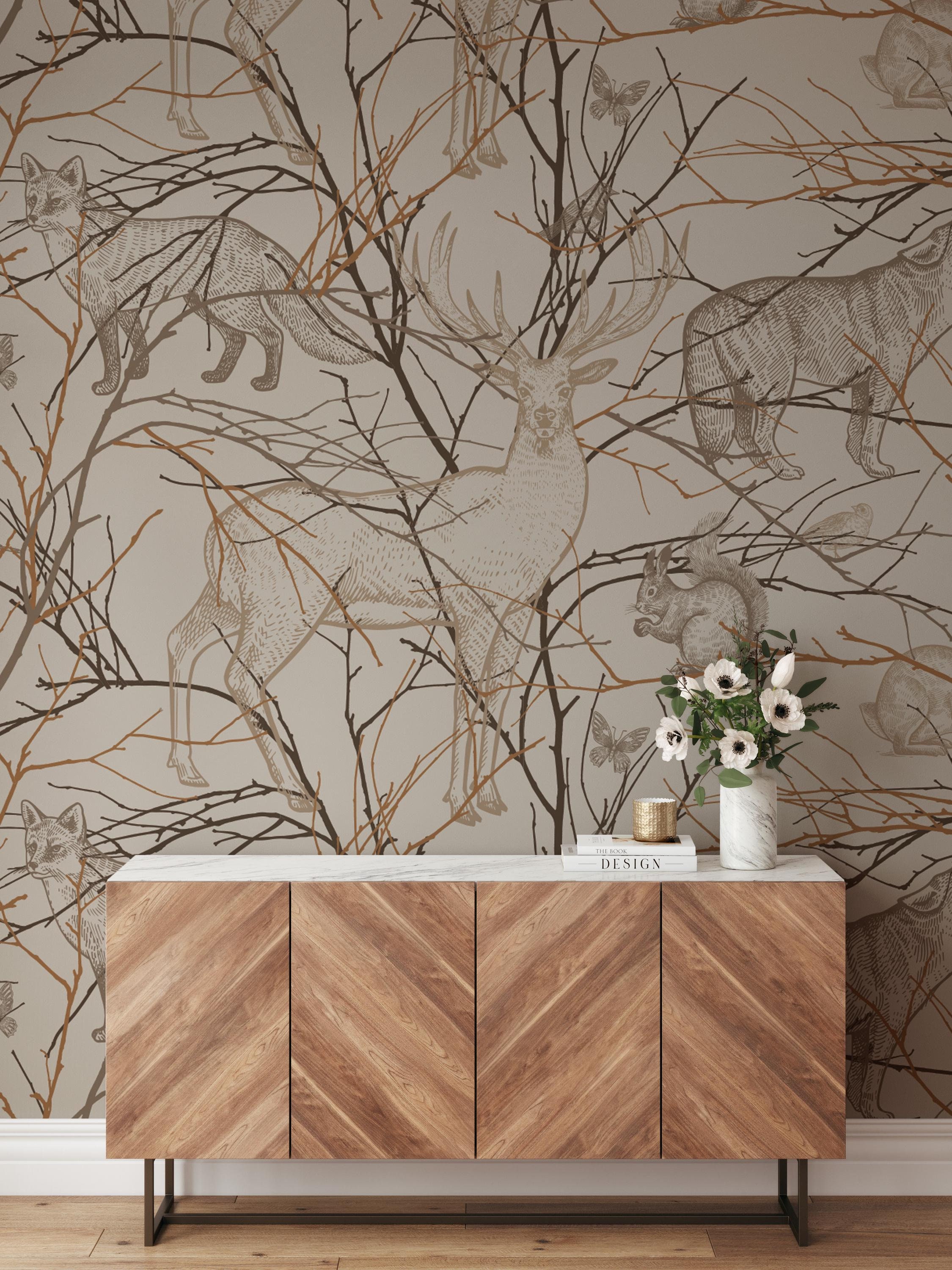Wild Life Beige Forest Wallpaper, Deer, Wolves and Squirell, Beige ...