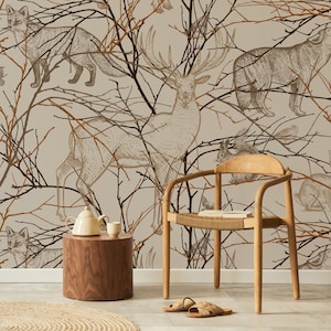 Wild Life Beige Forest Wallpaper, Deer, Wolves and Squirell, Beige ...