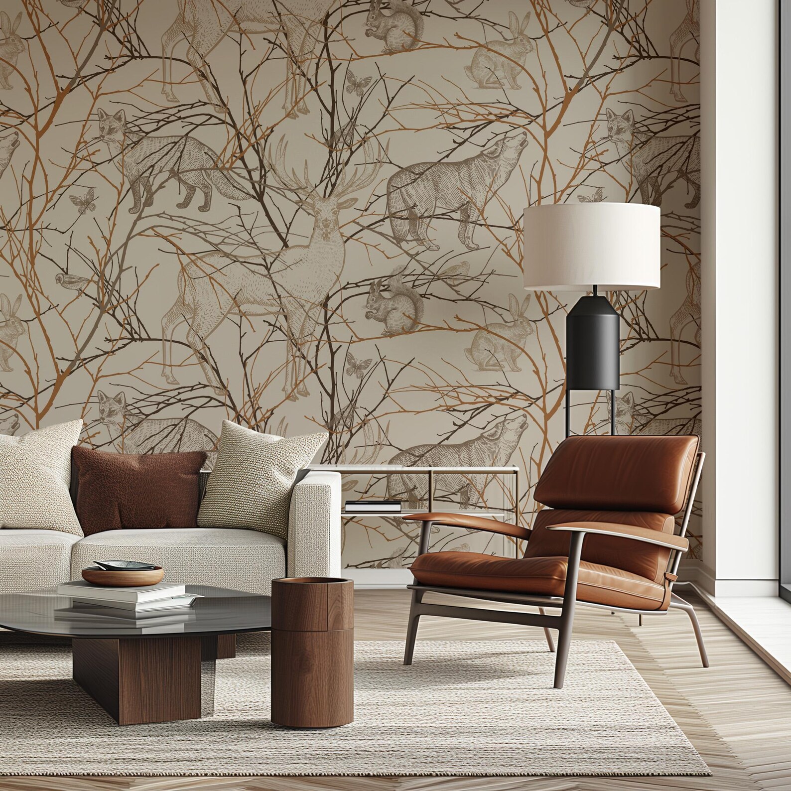 Wild Life Beige Forest Wallpaper, Deer, Wolves and Squirell, Beige ...
