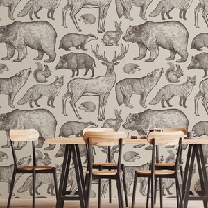 Beige Wild Life Wallpaper, Animal Pattern, Forest Beige and Brown ...