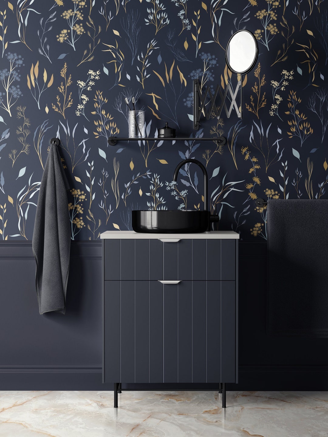 Dark Blue Wallpaper, Gold Color Twigs Wallpaper, Vintage Navy Wallpaper ...