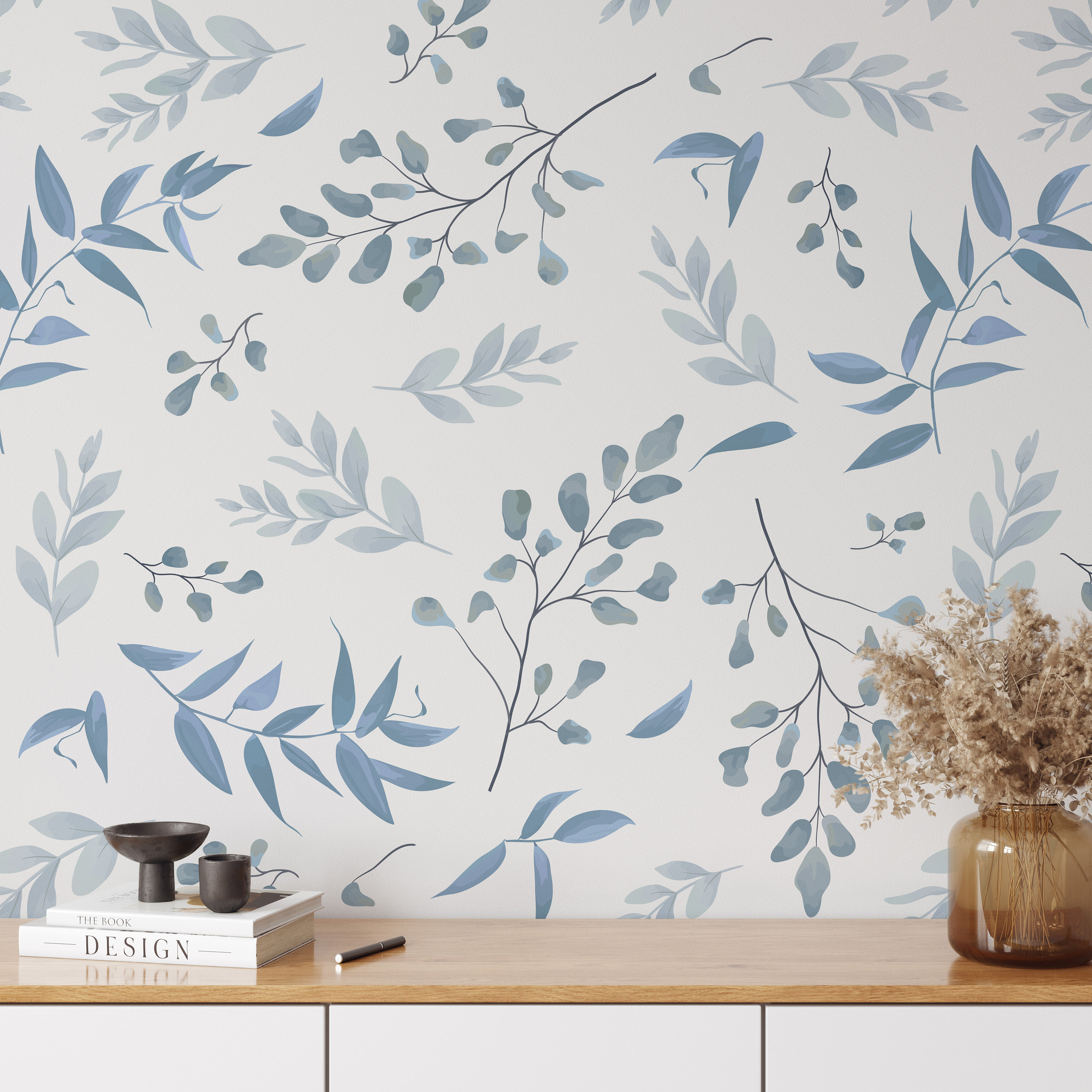 Blue Twigs Wallpaper, Garden Leaves Wallpaper, Botanical Wall Art, Peel ...