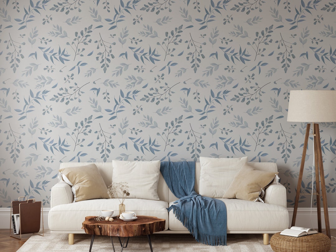 Blue Twigs Wallpaper, Garden Leaves Wallpaper, Botanical Wall Art, Peel ...