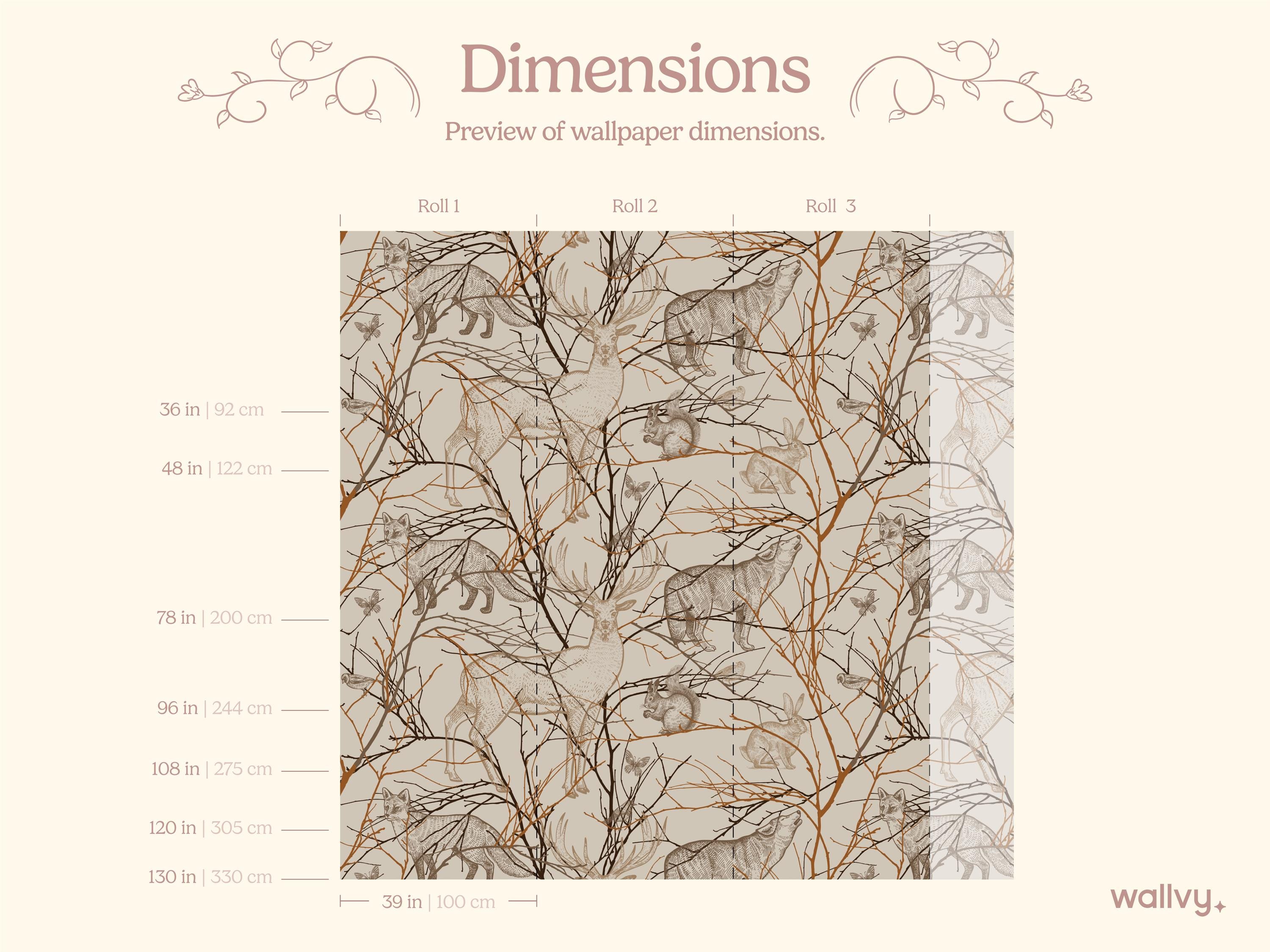 Wild Life Beige Forest Wallpaper, Deer, Wolves and Squirell, Beige ...