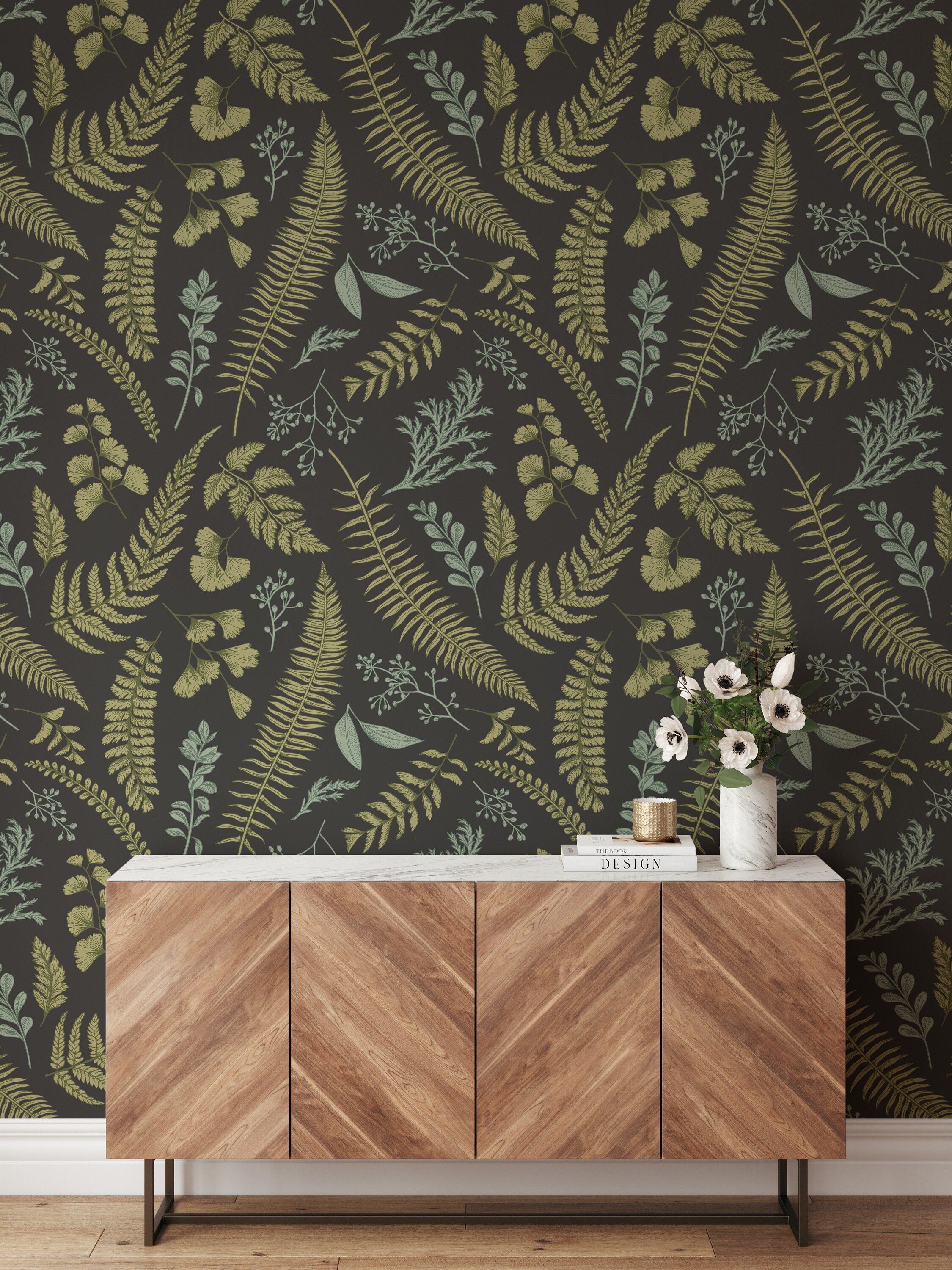 Dark Green Ferns Wallpaper, Garden Wallpaper, Botanical Wall Art, Peel ...