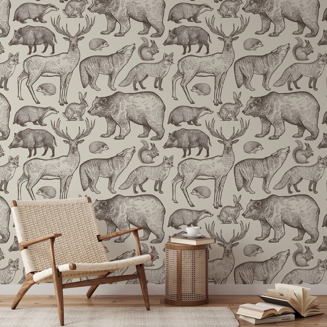 Beige Wild Life Wallpaper, Animal Pattern, Forest Beige and Brown ...