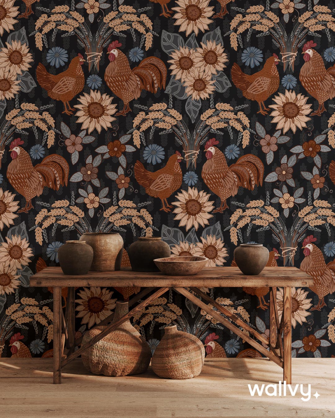 Sunflower Rooster, Peel and Stick Wallpaper, Rustic Farmhouse Wall Art ...