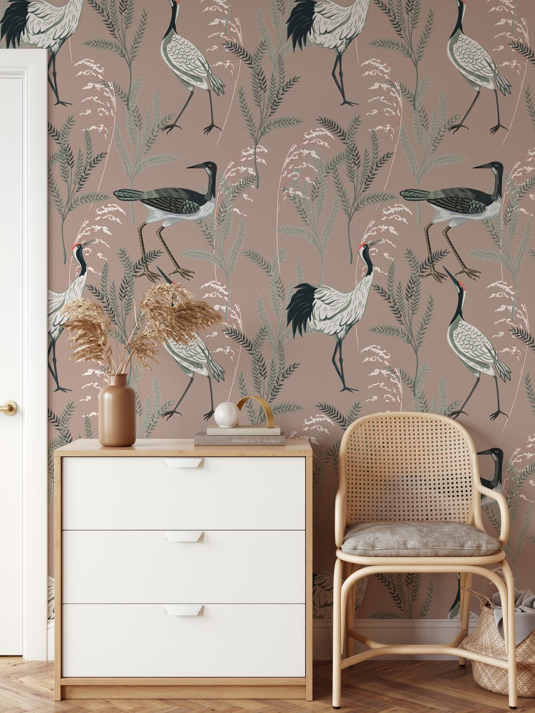 Cranes Wallpaper, Powder Pink Background, Multiple Birds Wallpaper ...