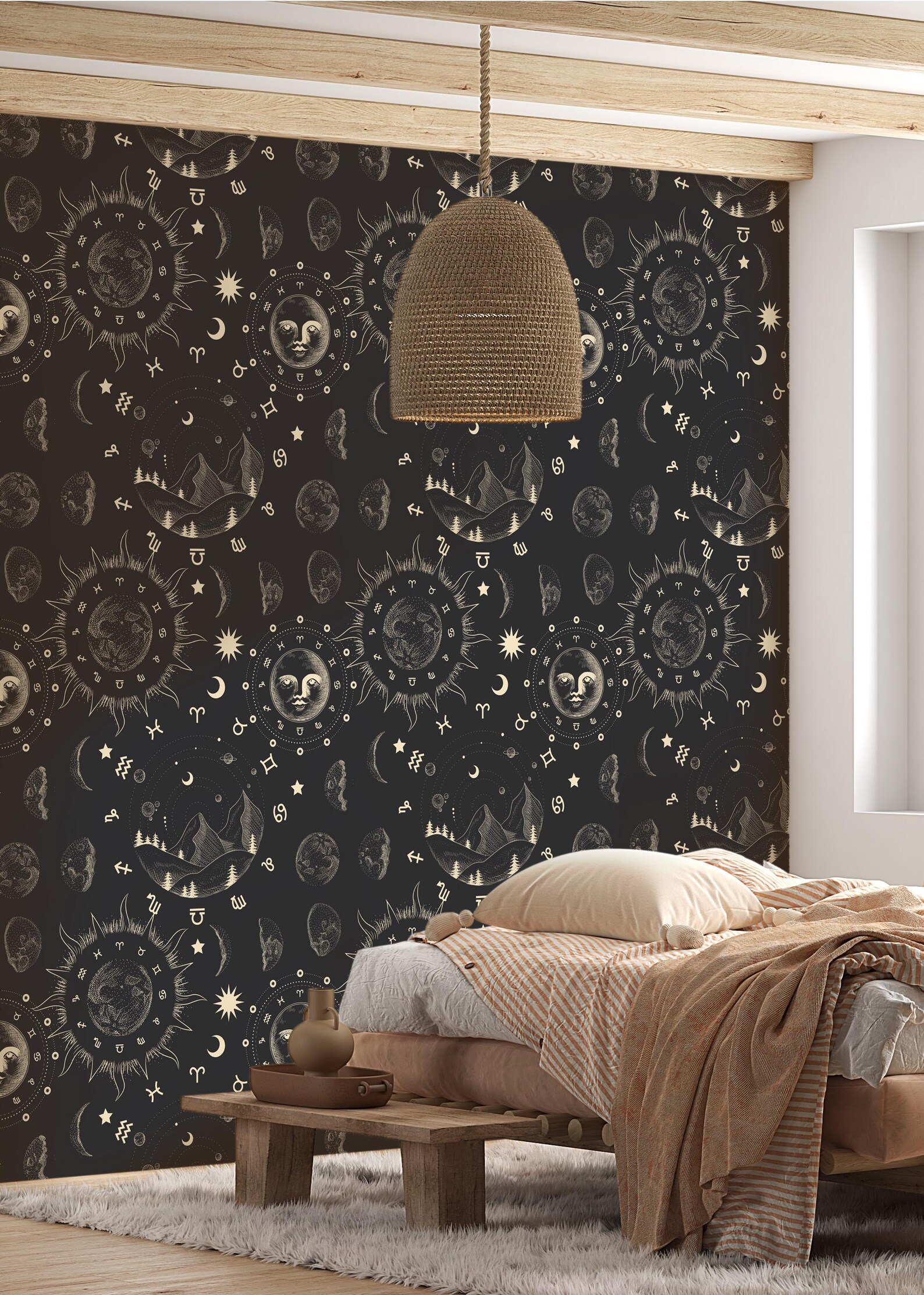 Stages of Moonlight Wallpaper, Zodiac Signs Wall Art, Black Moody ...