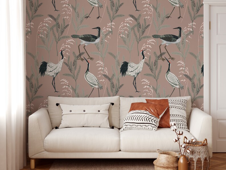 Cranes Wallpaper, Powder Pink Background, Multiple Birds Wallpaper ...