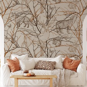 Wild Life Beige Forest Wallpaper, Deer, Wolves and Squirell, Beige ...