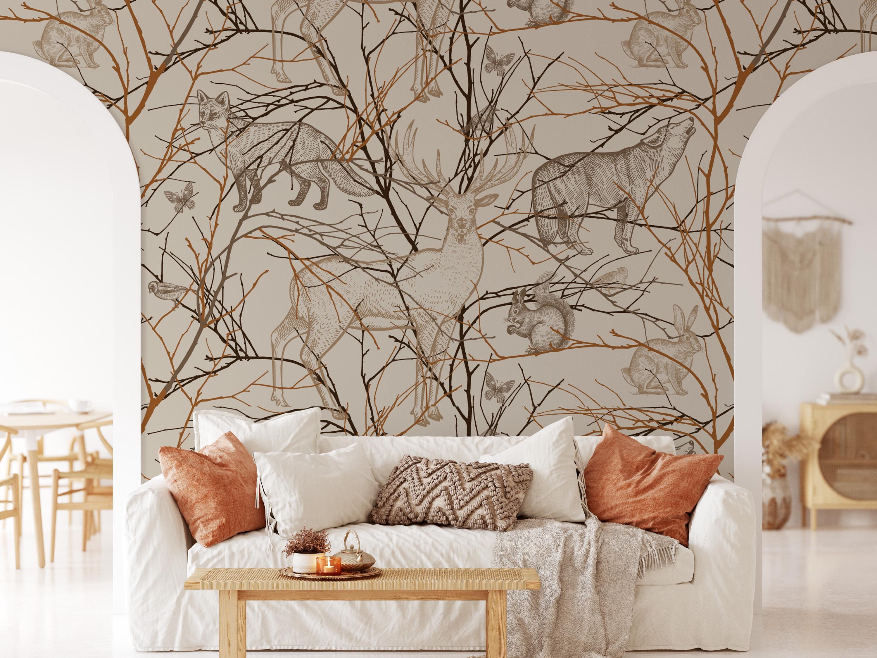 Wild Life Beige Forest Wallpaper, Deer, Wolves and Squirell, Beige ...