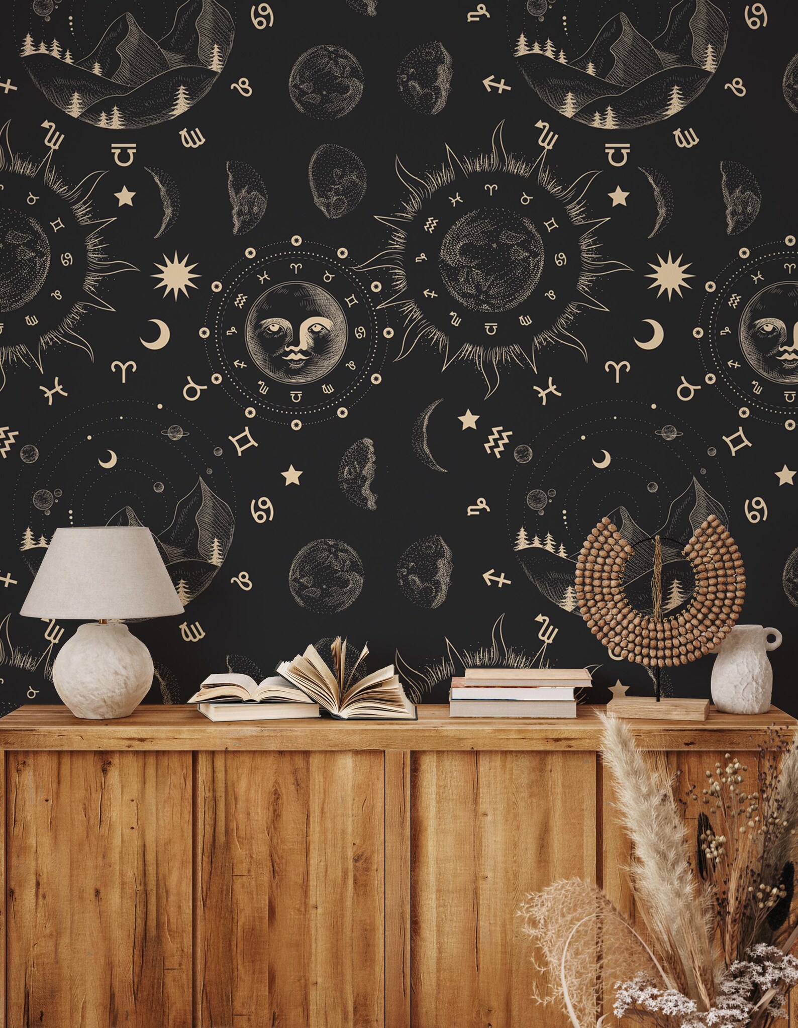 Stages of Moonlight Wallpaper, Zodiac Signs Wall Art, Black Moody ...