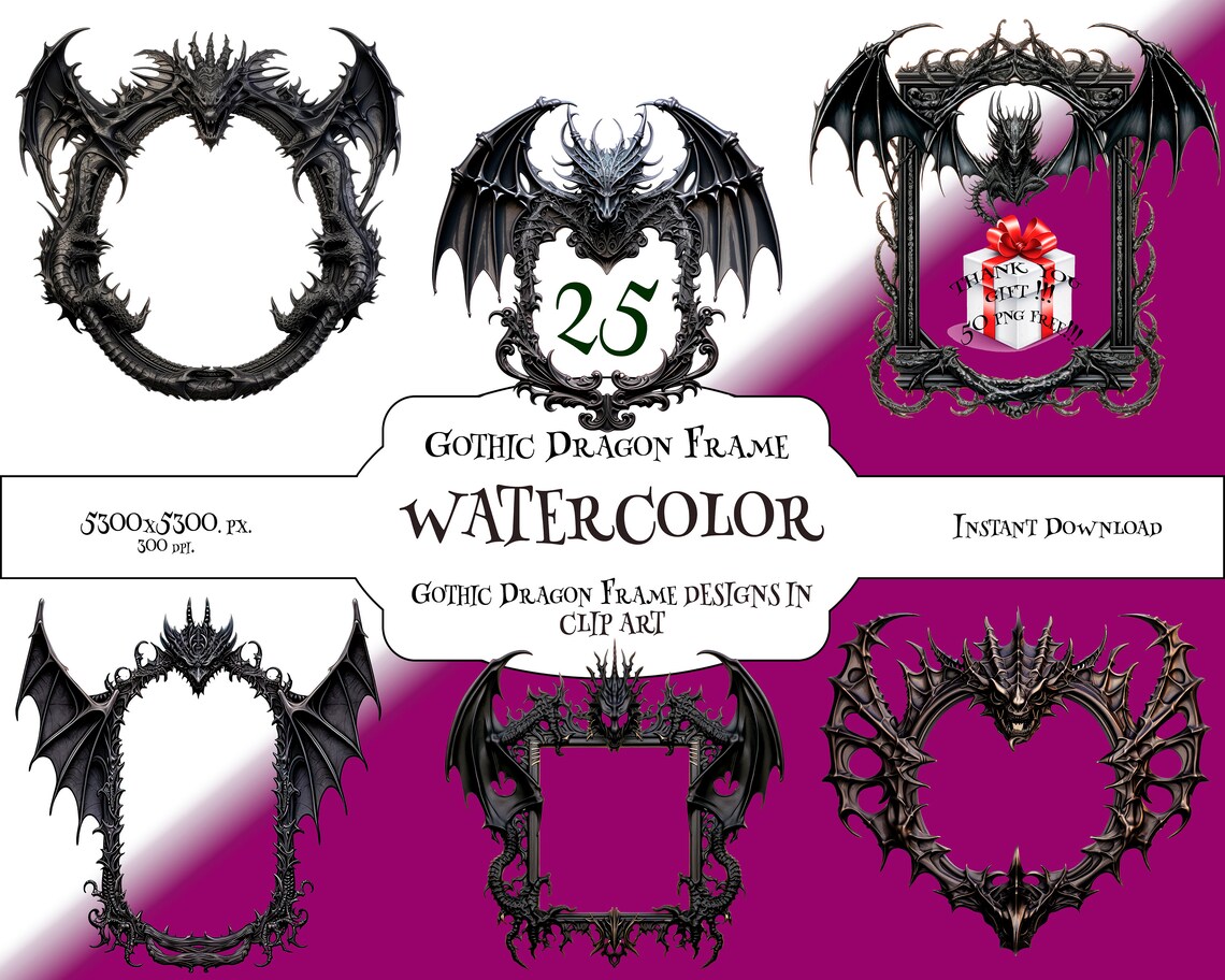 Gothic Dragon Frame Clip Art, Watercolor Ornate Frames (digital ...