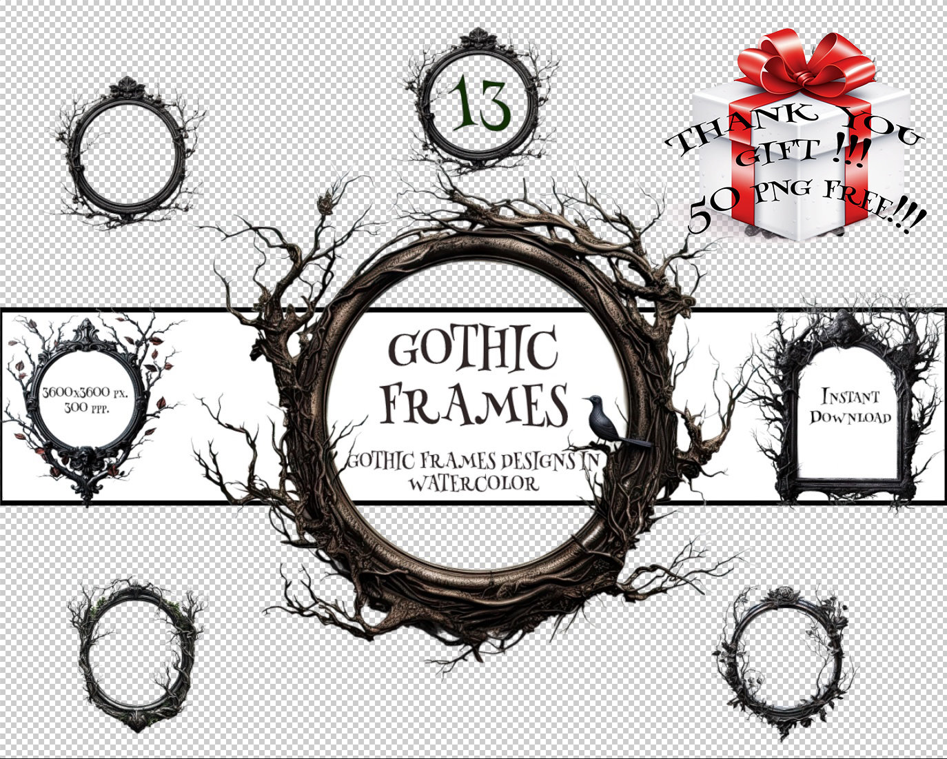 Gothic Watercolor Clip Art, Baroque & Ornate Frames Vintage Gothic ...