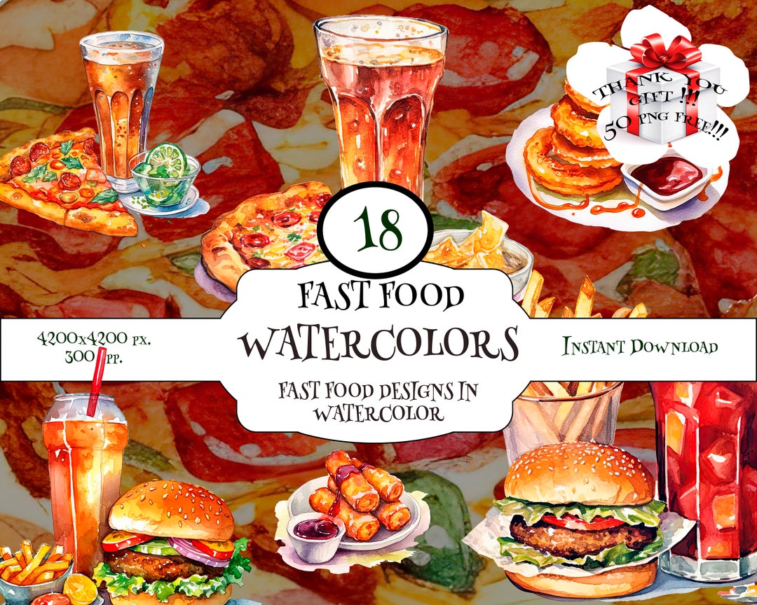 18 Fast Food Watercolor Art - Burger, Fries, Pizza PNG Clipart for ...