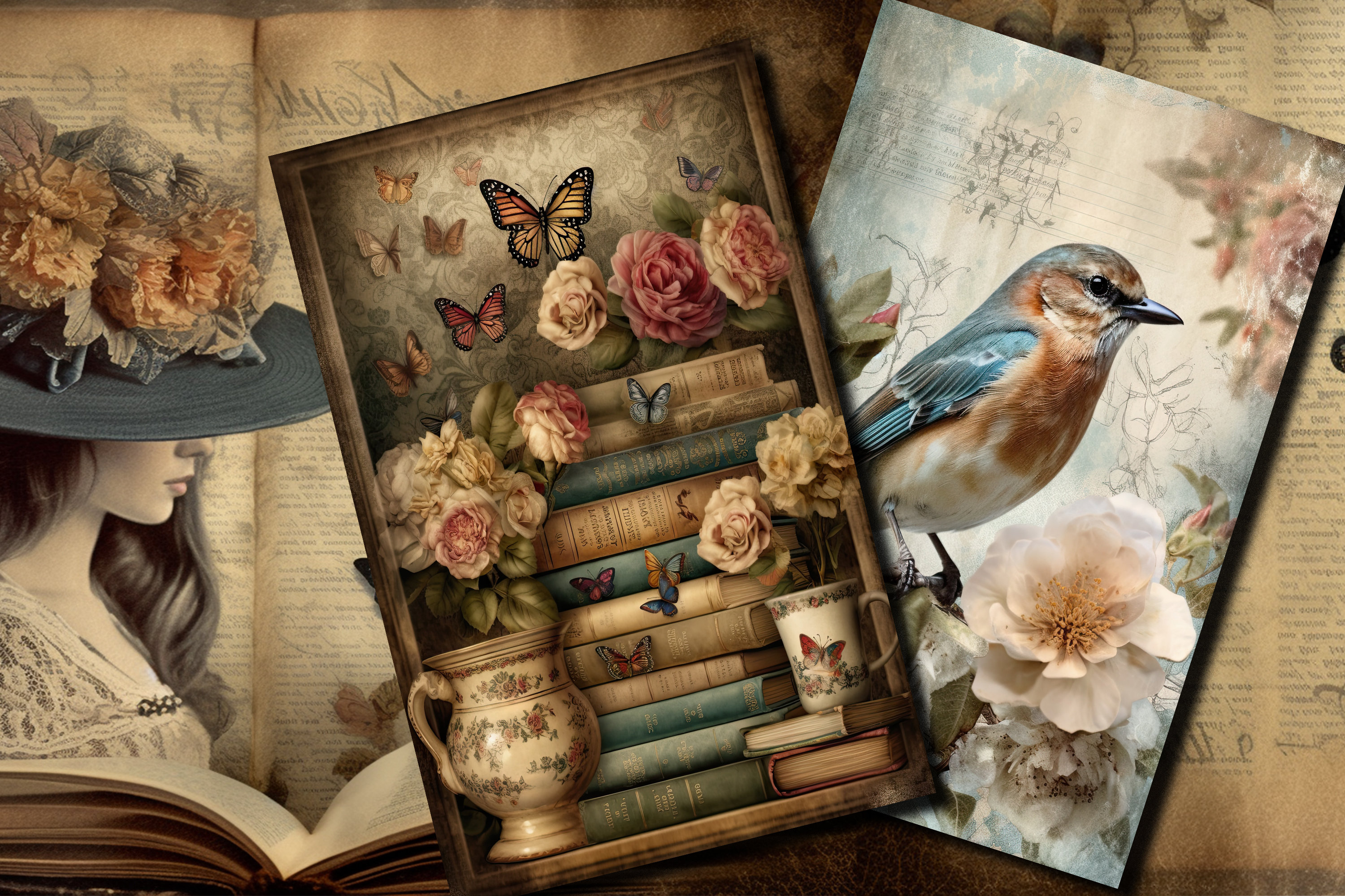 Vintage Scrapbook Paper: Elegant Lady, Bicycle, Roses (digital Download ...