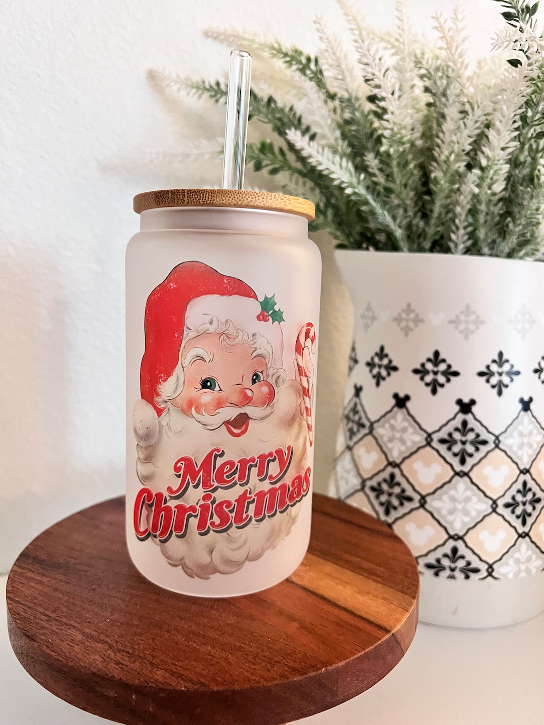 Christmas Glass Cup Bamboo Lid Gifts for Her 16oz Santa Cup Santa Claus ...