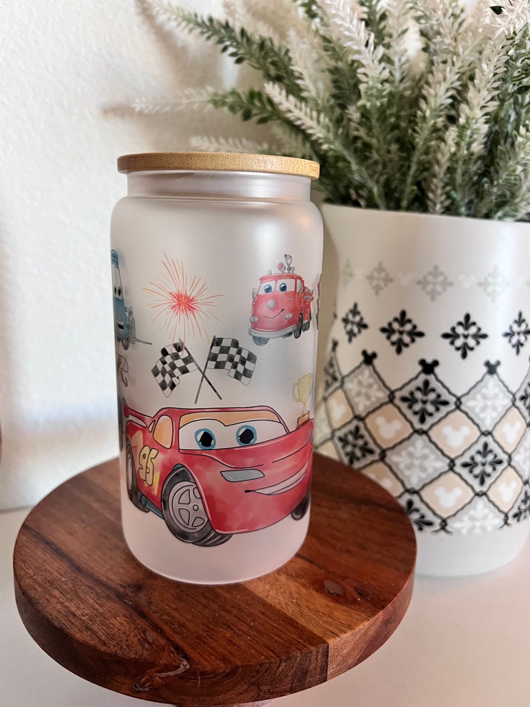 Cars | Glass Cup | Bamboo Lid | 16 Oz | Mater Cup | Mcqueen Cup | Cars ...