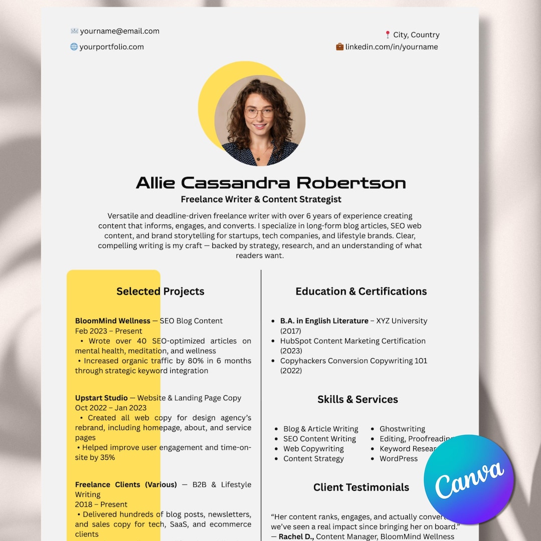 Freelancer Resume CV Template Canva, Simple Minimal Resume, Modern ...
