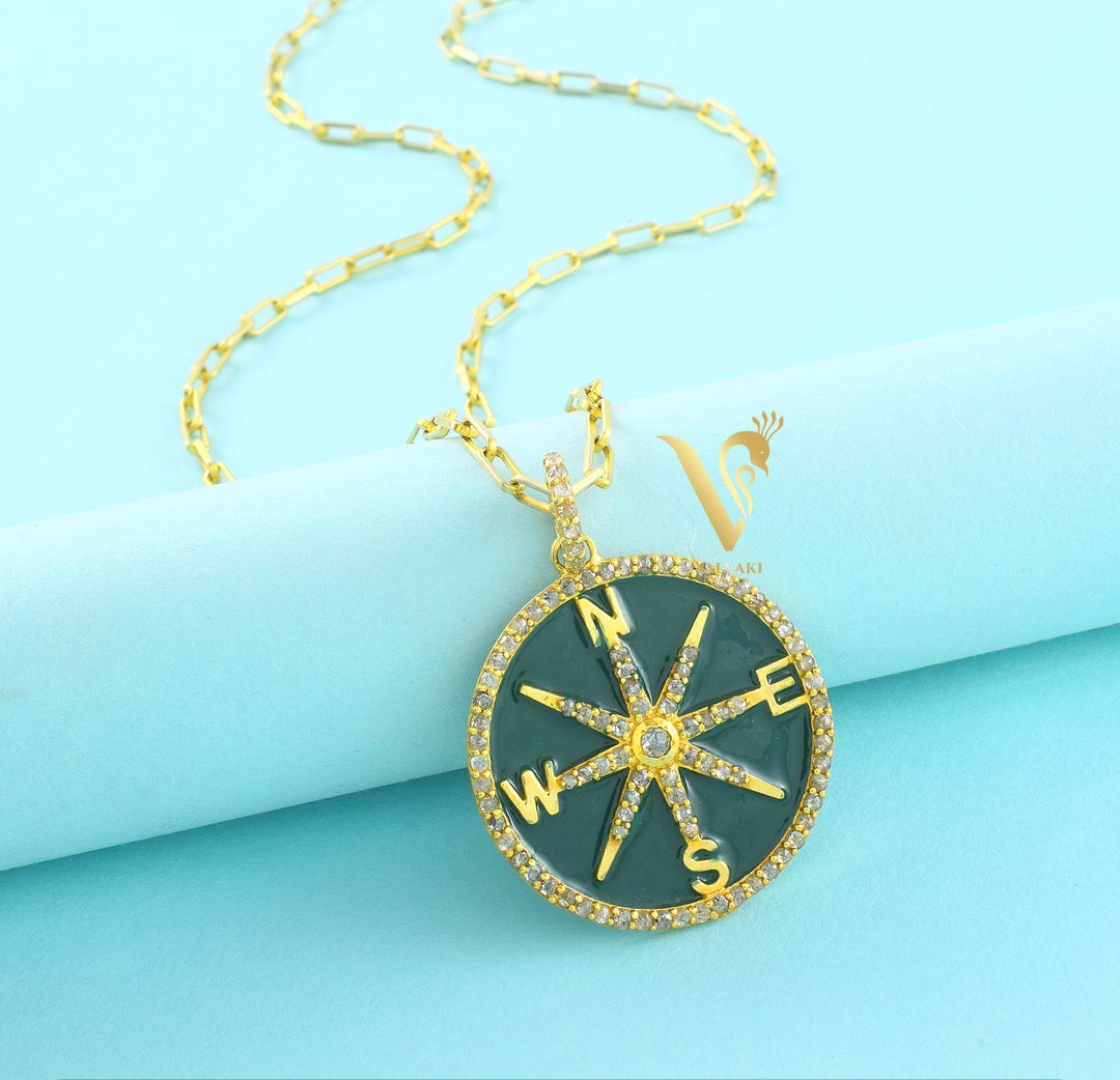 Compass Love Round Handcrafted Silver Pendent Green Enamel Necklace ...