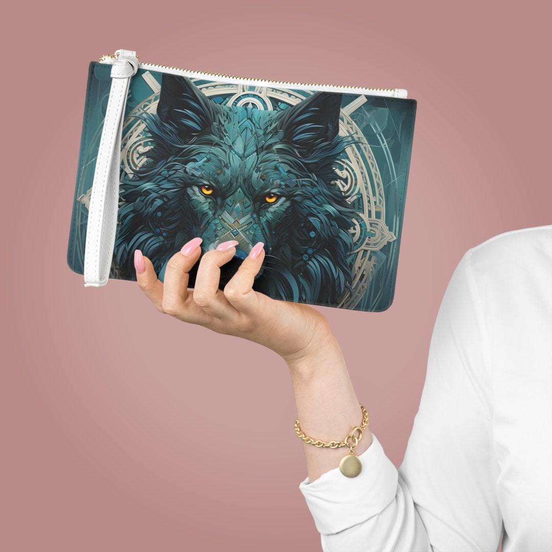 Celtic Wolf Clutch Bag, Vegan Leather Wolf Design, Makeup Bag, Celtic ...