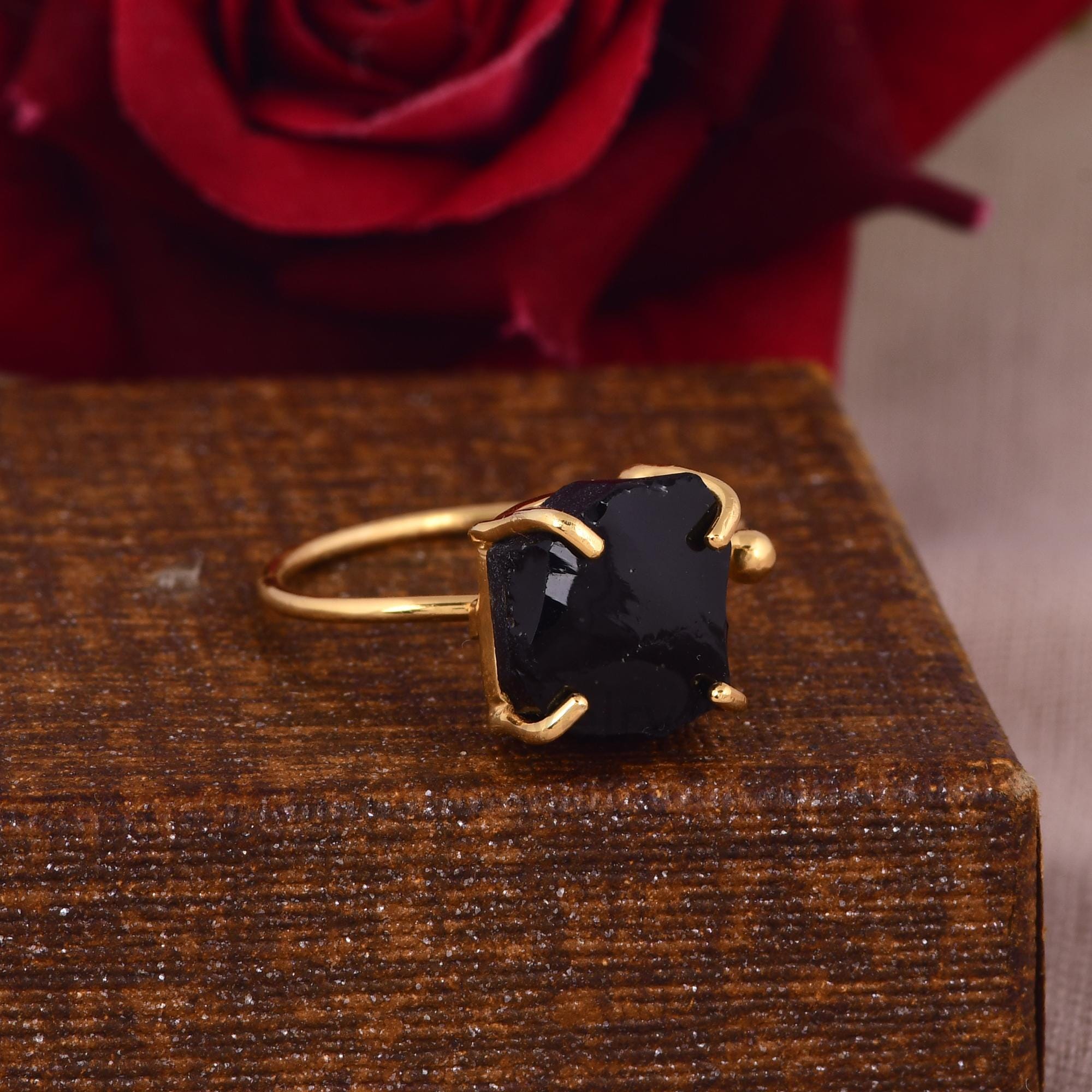 Black Obsidian Gemstone Ring - 14k Gold Plated Gemstone Ring ...
