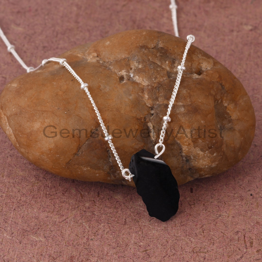 Designer Raw Black Obsidian Gemstone Pendant Solid 925 Silver Pendant ...