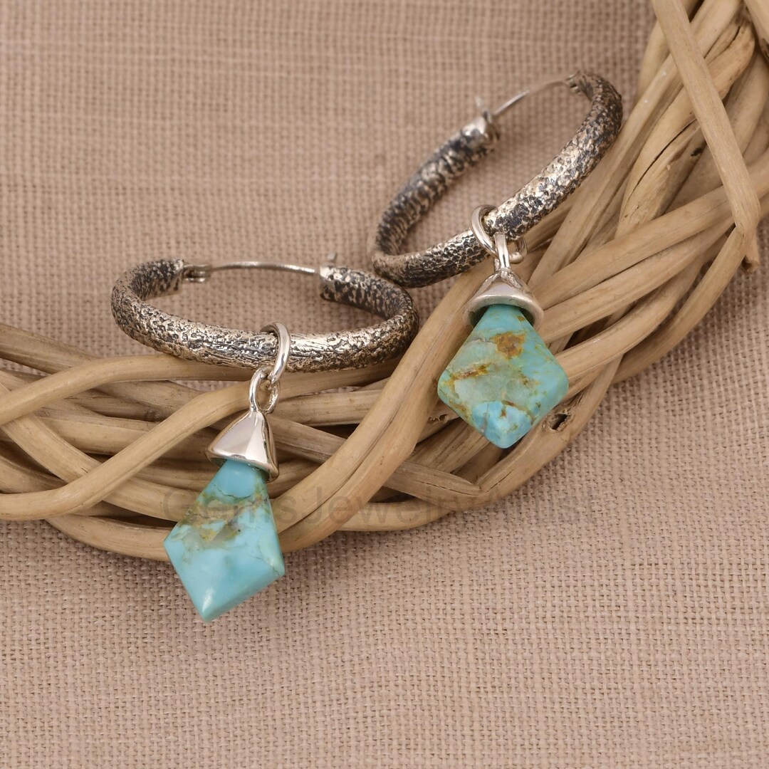 Kingman Turquoise Kite Shape Hoop Earrings - 925 Silver - Boho Chic ...