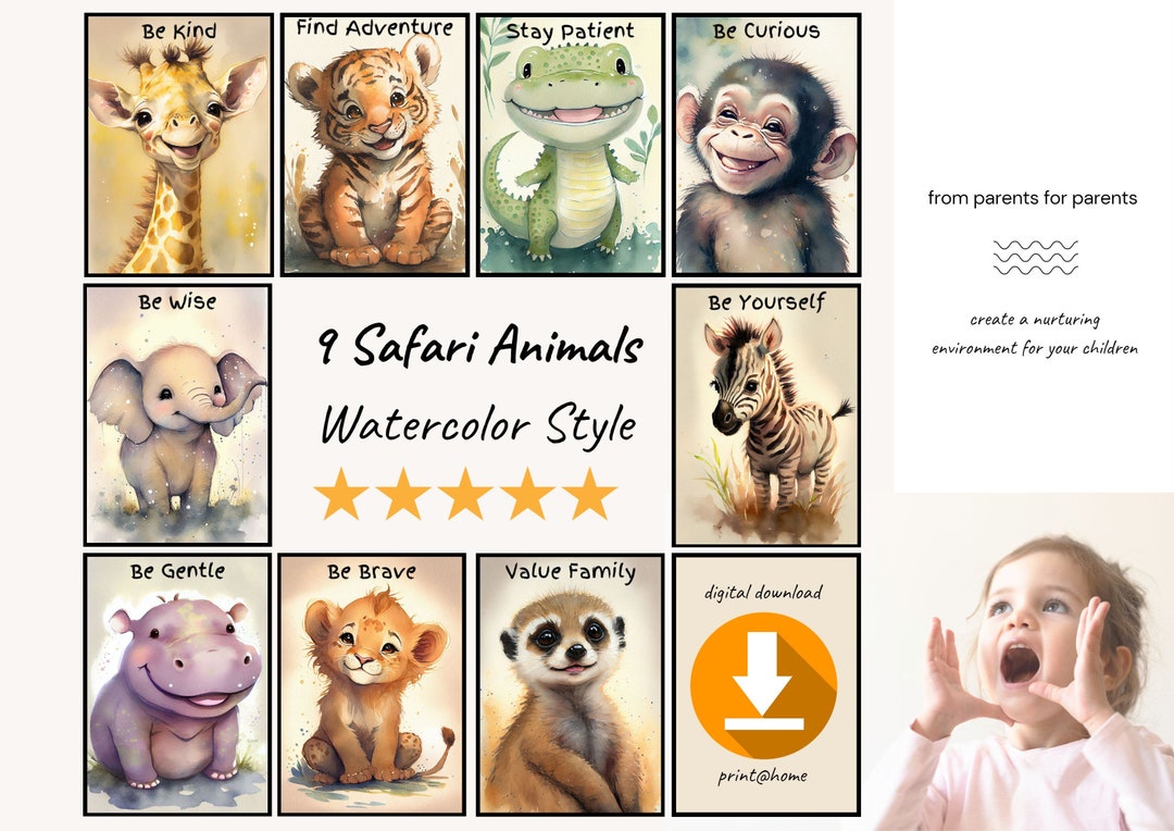 Watercolor Safari Animal Nursery Posters With Positive Affirmations ...