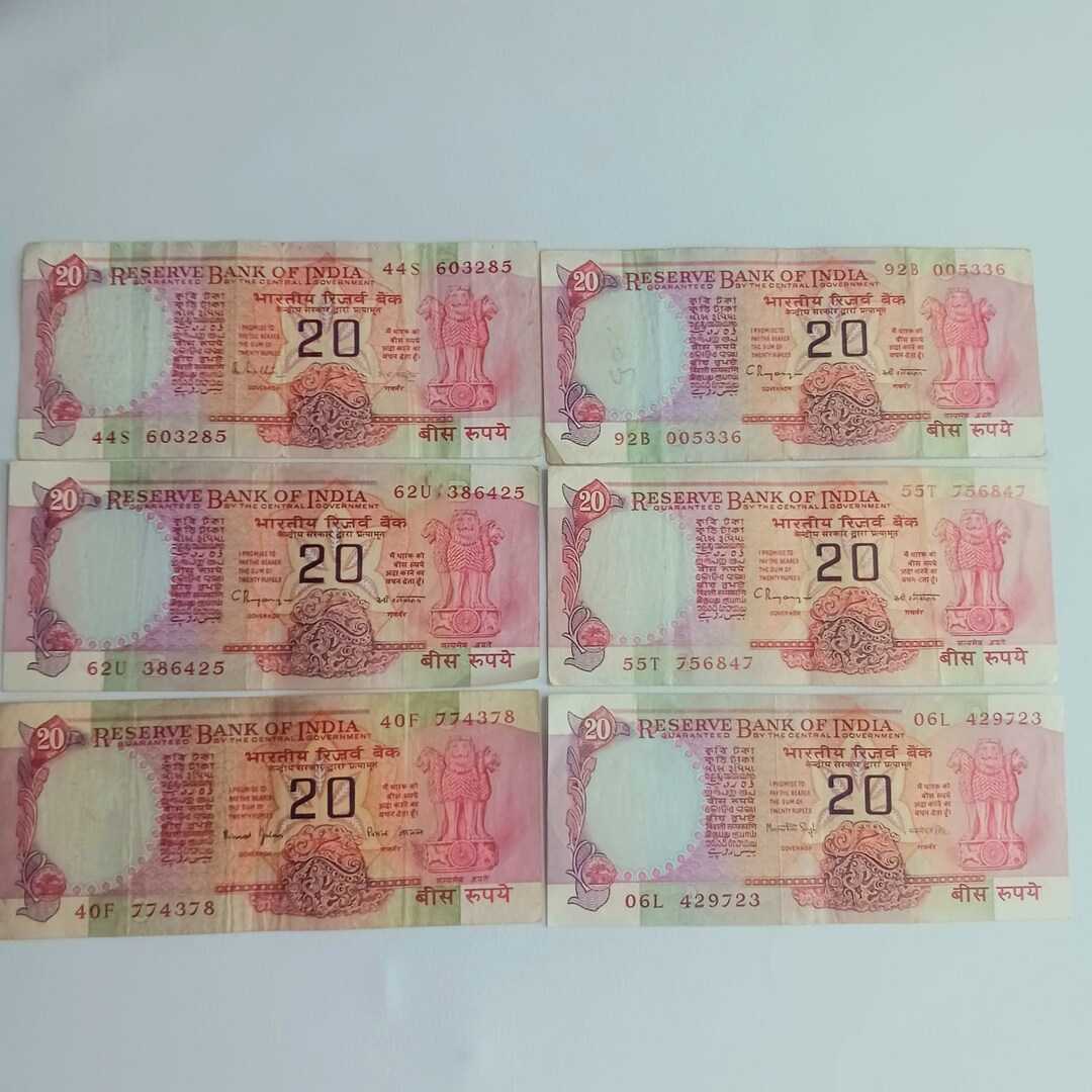 Indian 20 Rupees Note With Konarak Wheel Design - Serially Numbered UNC ...