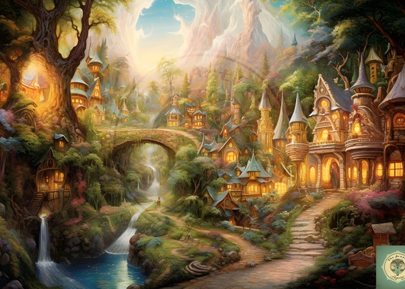 Enchanted Elvish Village in Whimsical Forest - Fantasy Art Nouveau ...
