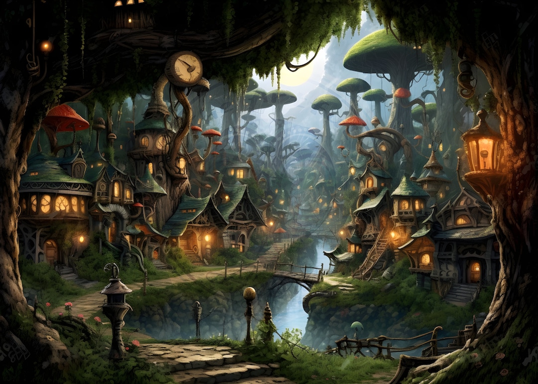 Enchanting Old Fantasy Town Within Forestscape Whimsical Art Nouveau ...