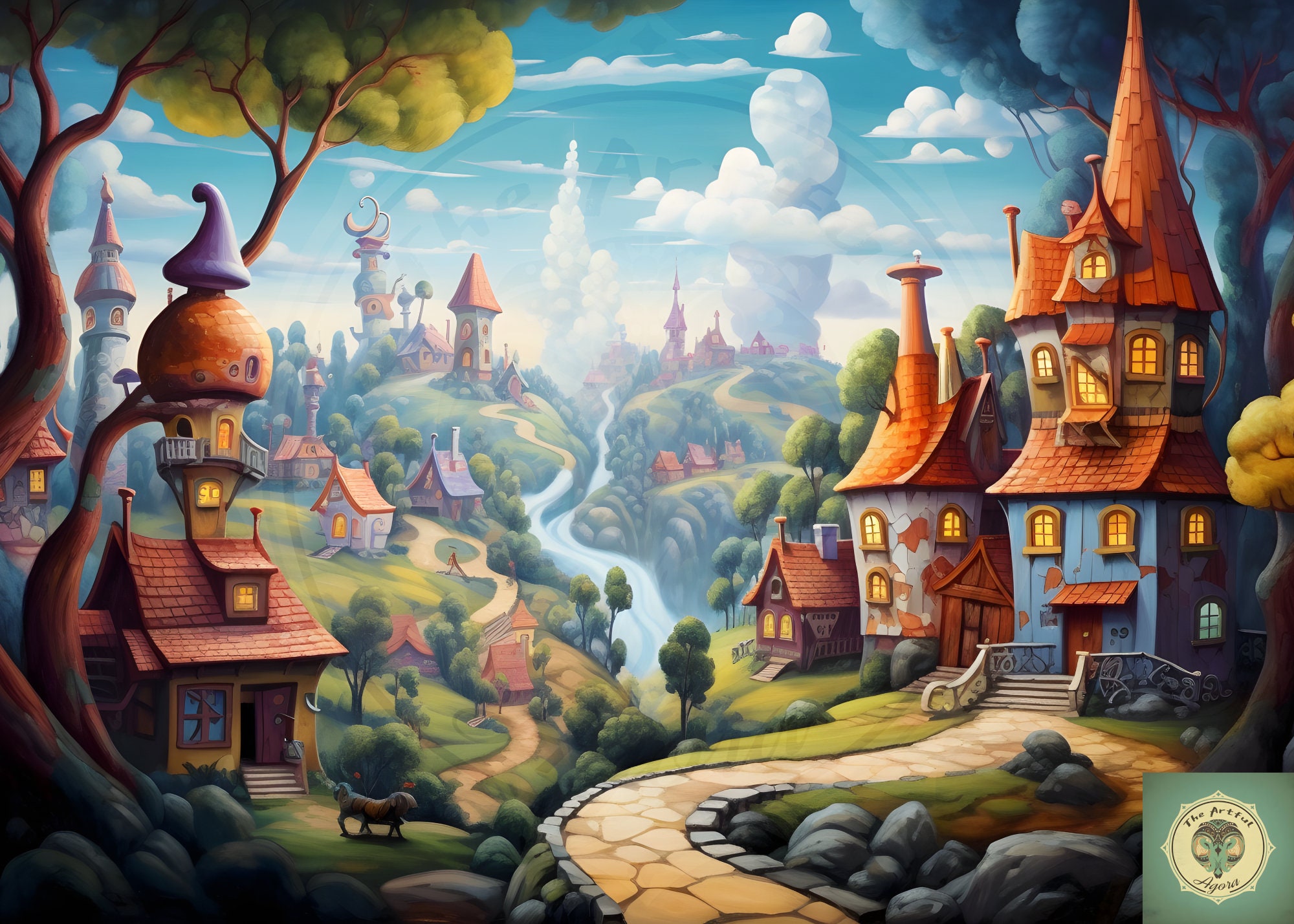 Colorful Fantasy Village, Mural-inspired, High Resolution, Serene ...