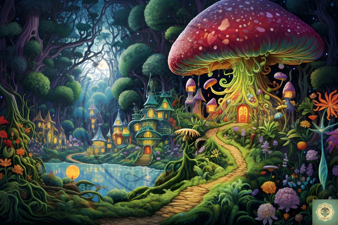 Whimsical Mushroom Village in Enchanted Forest - Digital Painting ...