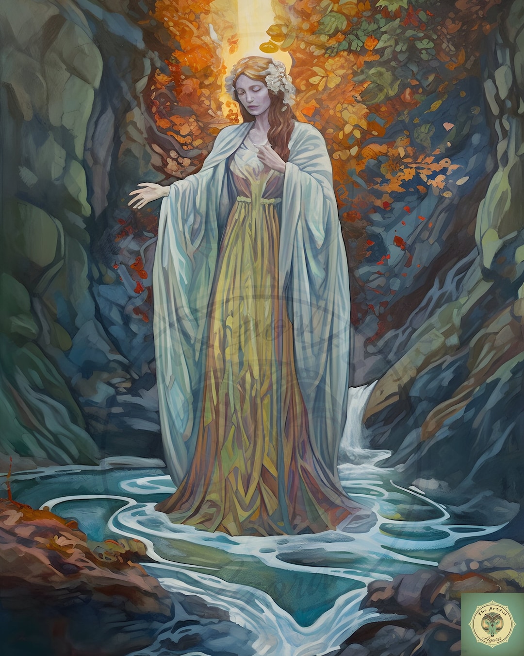 Mystical Orange High Priestess in Art Nouveau Dress - Digital Painting ...
