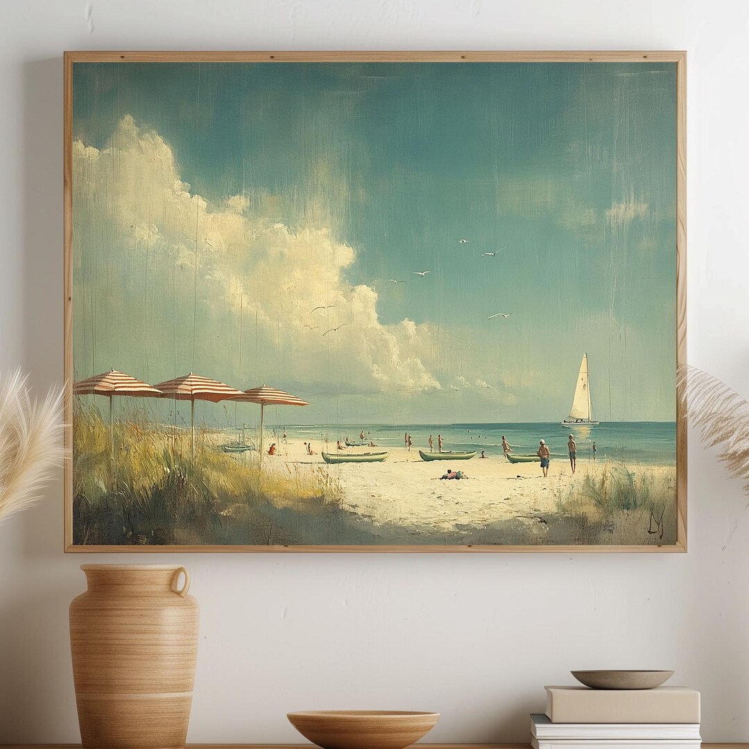 Coastal Beach Landscape Painting Rustic Summer Seaside Art Vintage ...