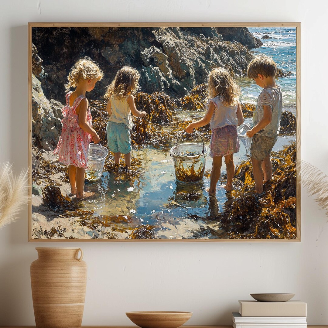 Children Playing in Tide Pools Summer Beach Scene Printable Coastal ...