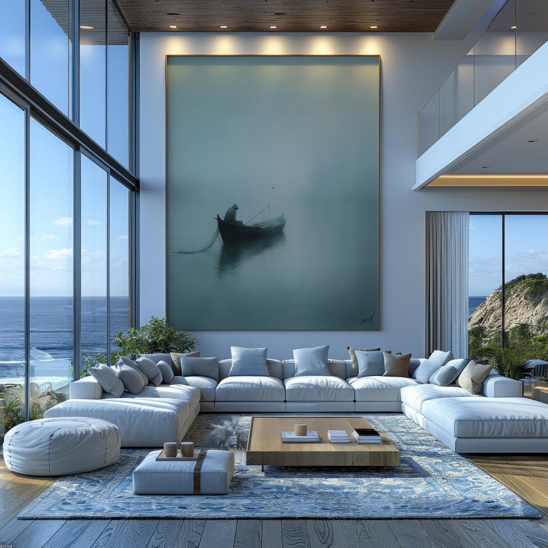 Moody Seascape With Fisherman Maritime Wall Art Rustic Ocean Scene ...