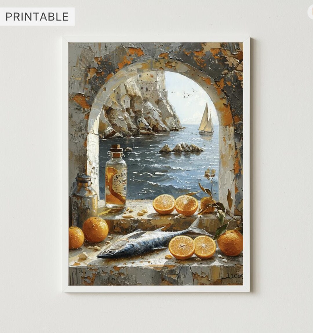 Mediterranean Still Life Print: Vintage Coastal Archway, Oranges & Fish ...