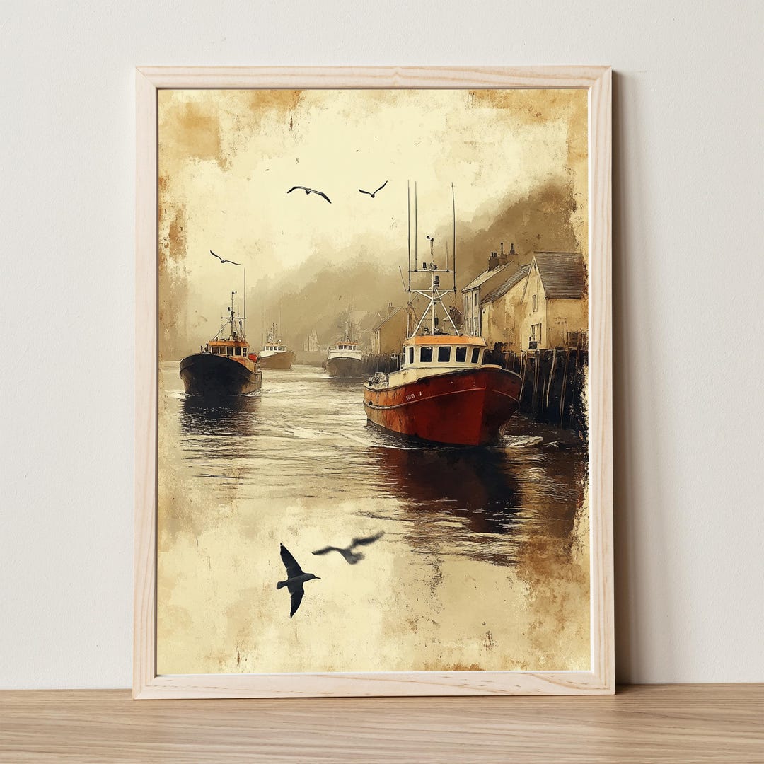 Rustic Harbor Scene Printable Art - Vintage Fishing Boats, Coastal Wall ...