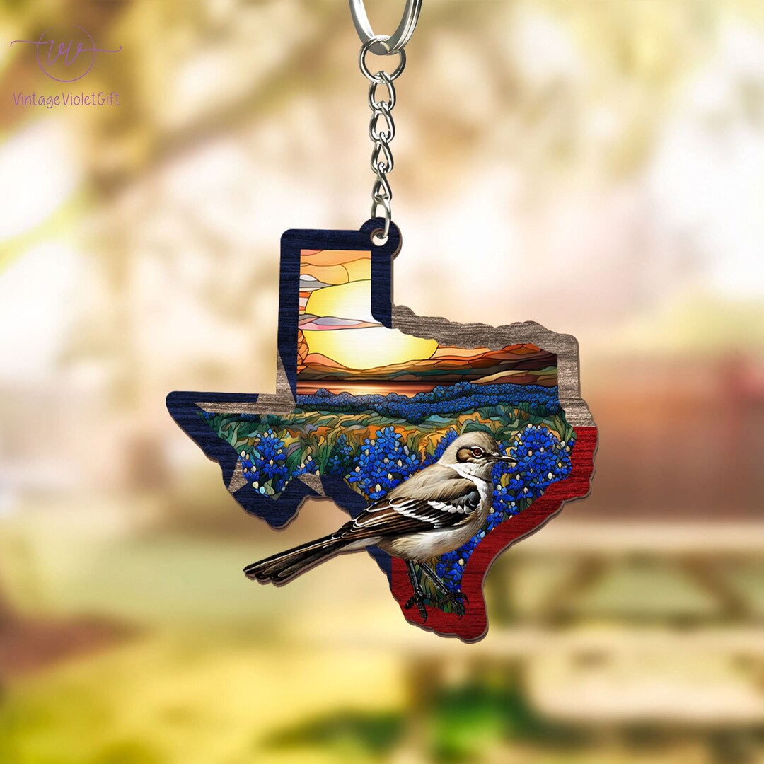 Texas Map Keychain, Texas Bird Keychain,northern Mockingbird and ...