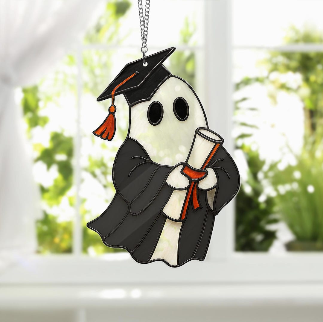 Cute Ghost Graduation Suncatcher, Spooky Funny Phd Ghost Acrylic Sun ...